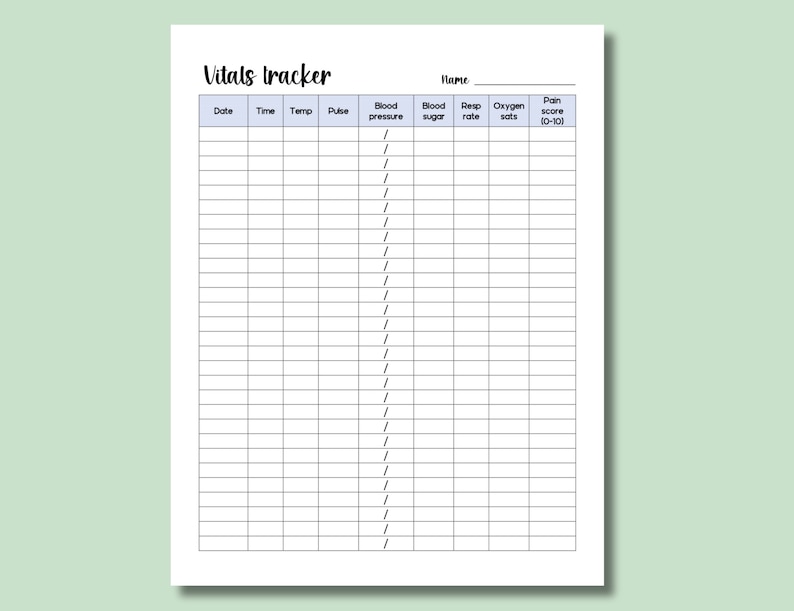 Printable Vital Sign Chart, Vital Sign Log, Caregiver Tracker, Intake ...