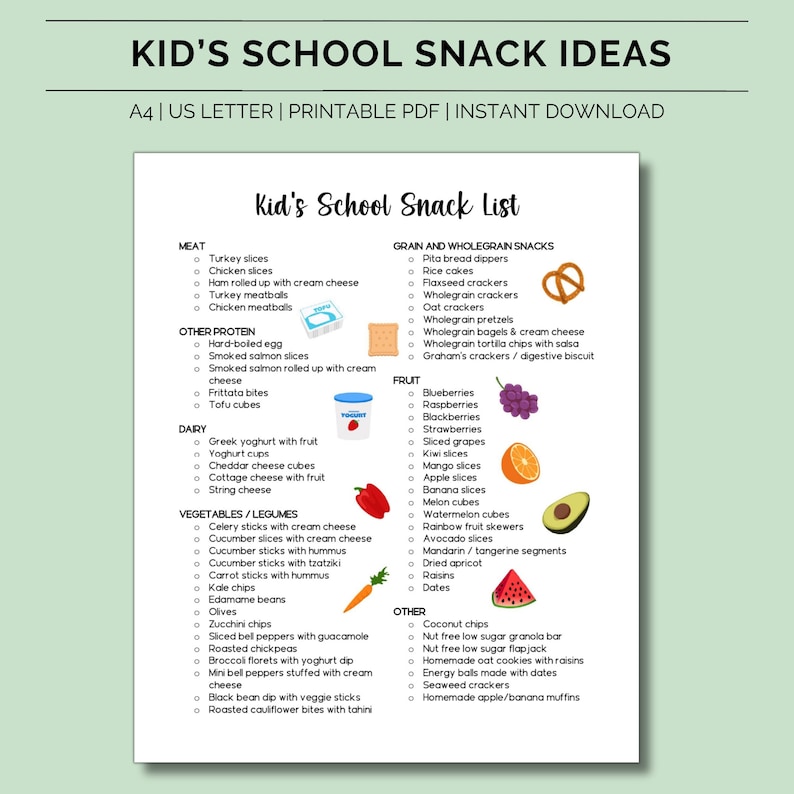 Printable Healthy School Snack List, Kid's School Snack Ideas, Home ...