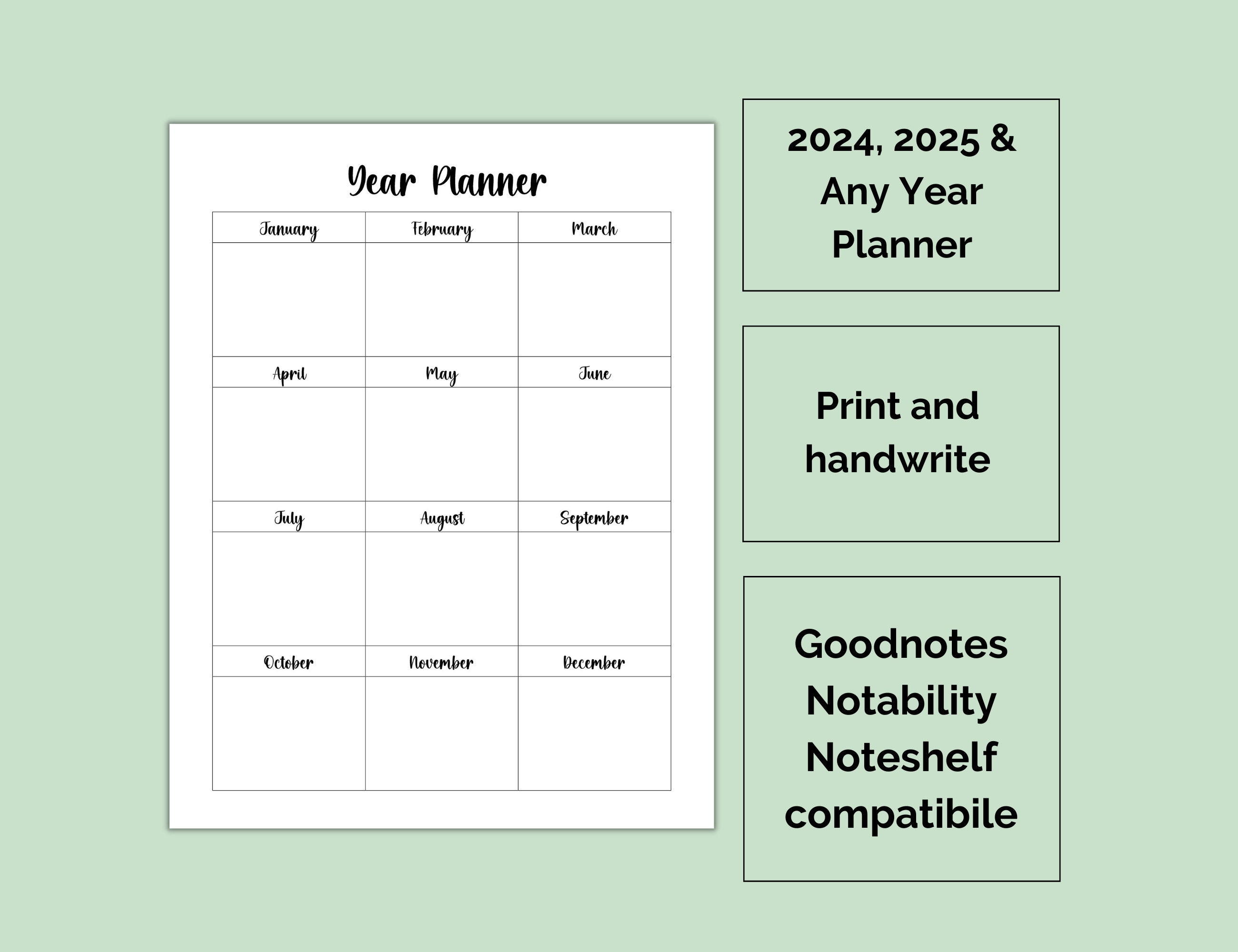 Printable 2024 Yearly Planner, Year at a Glance, Calendar 2024, Yearly ...