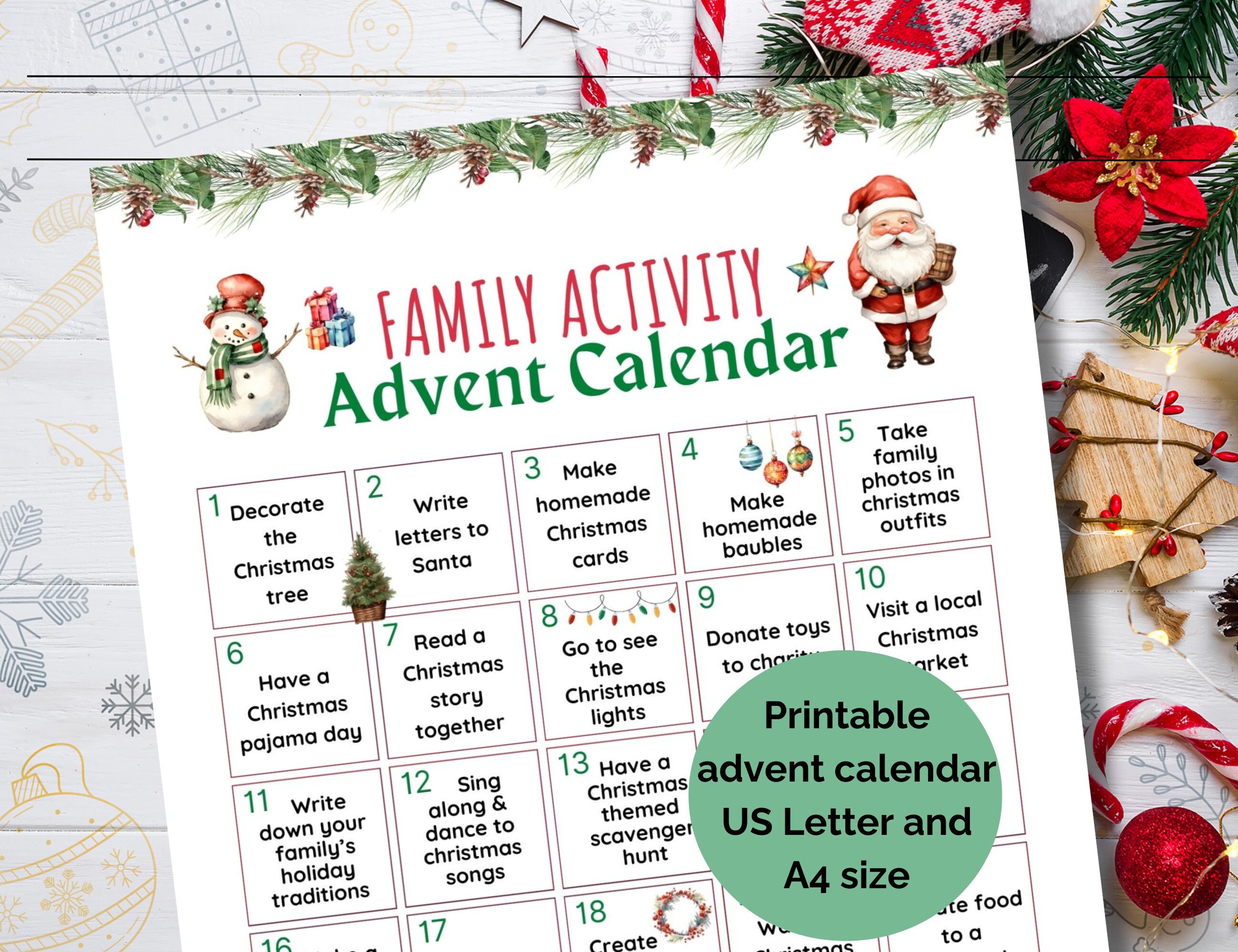 Printable Family Activity Advent Calendar, Christmas Countdown, Advent ...