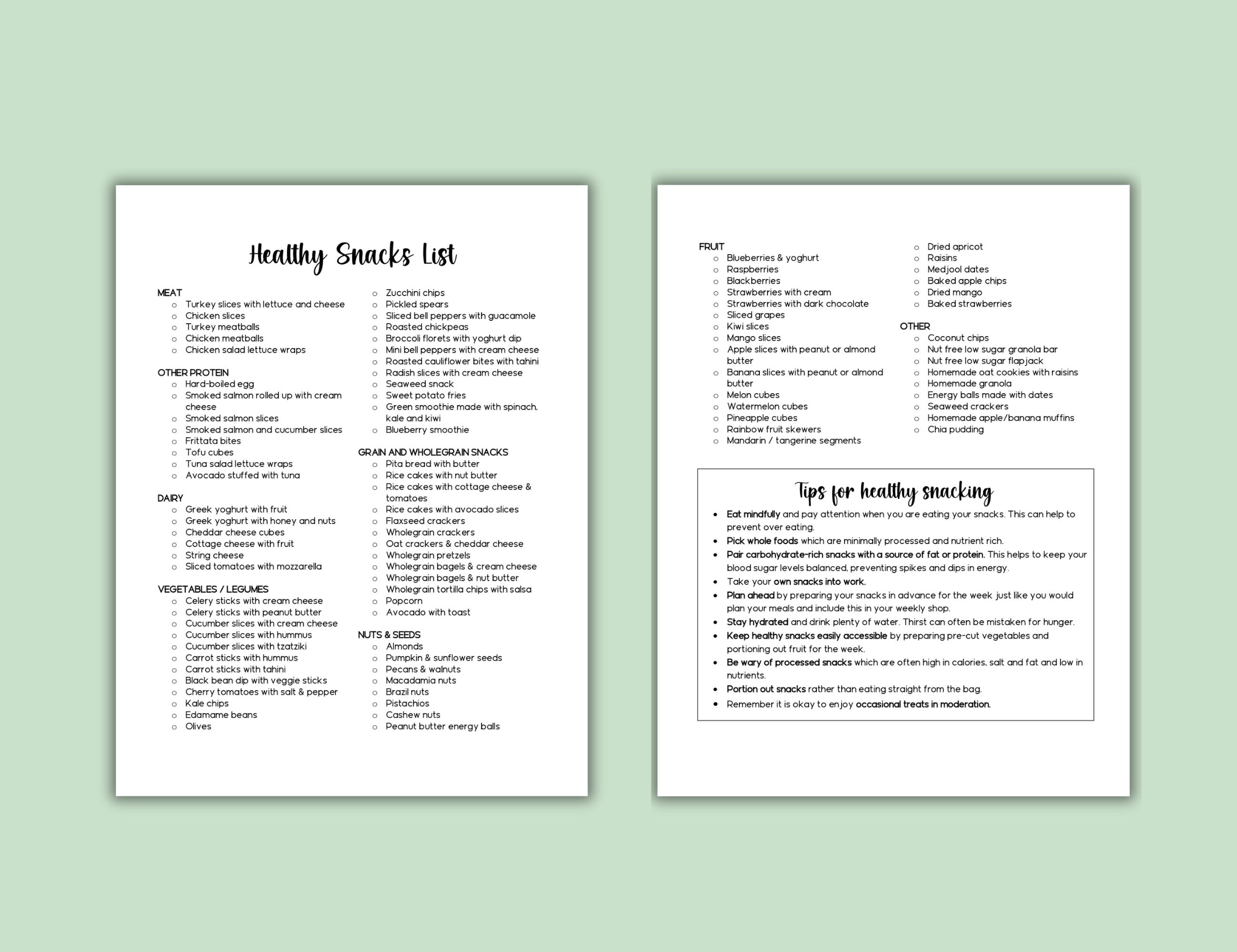 Printable Healthy Snacks List, Healthy Snacks Checklist PDF, Snacks ...