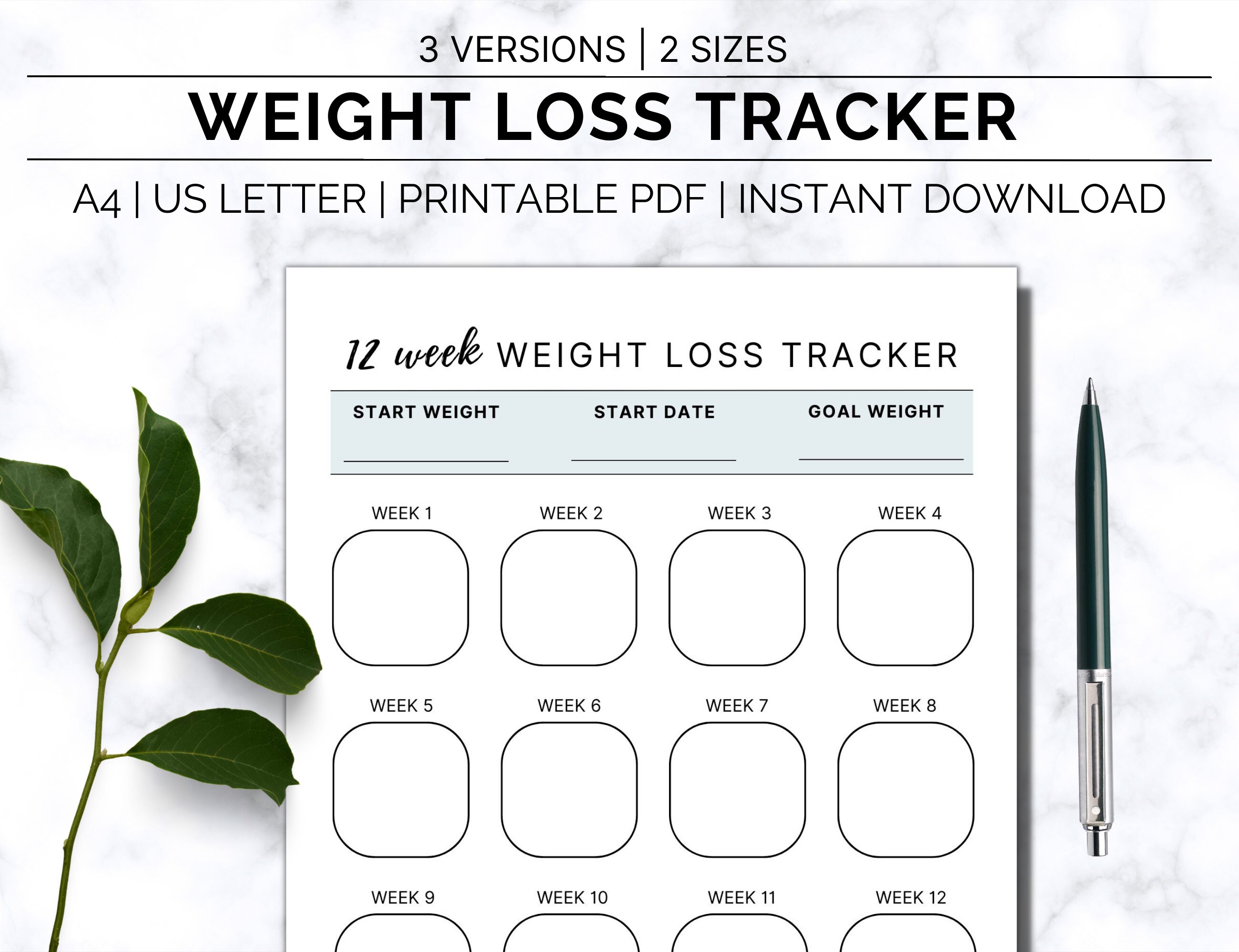 12 Week Printable Weight Loss Tracker | Weight Loss Chart | A4 Letter ...