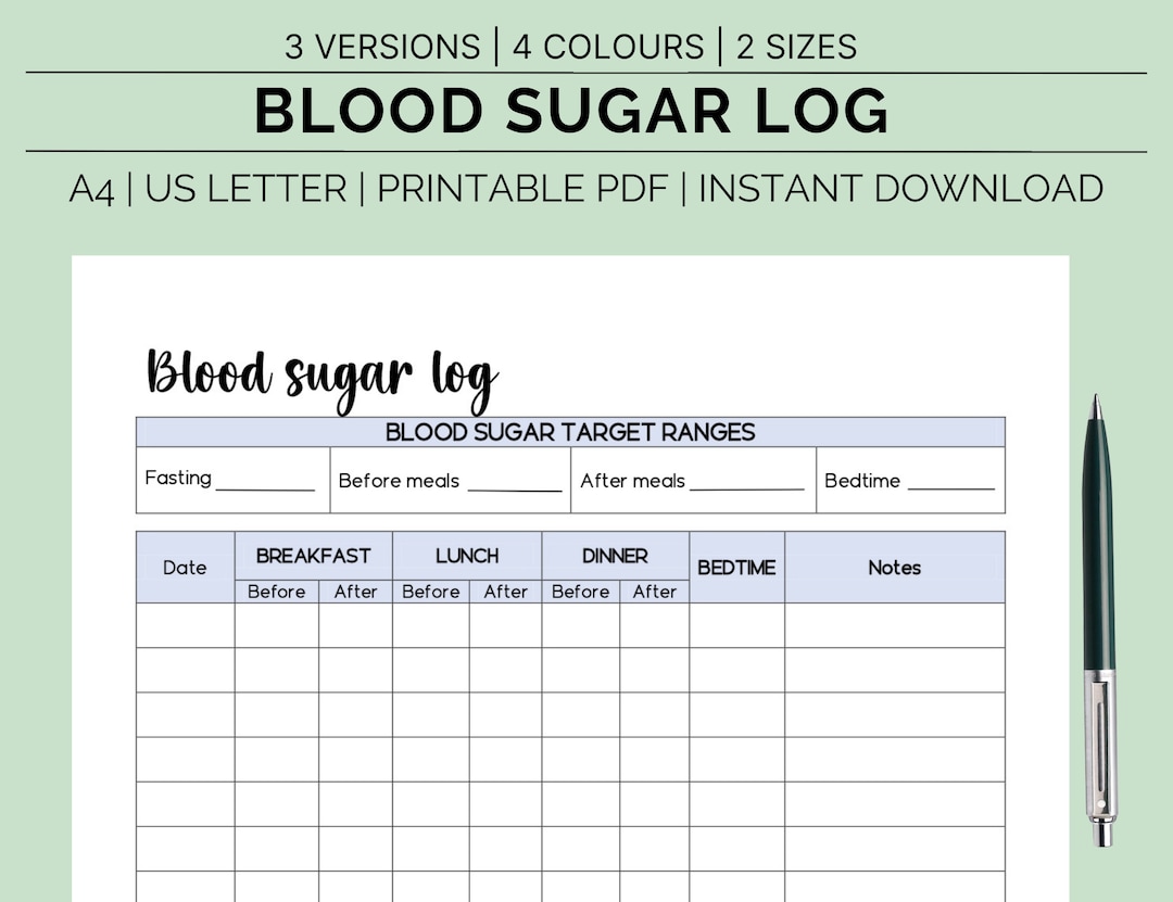 Blood Sugar Log Printable, Blood Glucose Tracker, Diabetic Planner ...