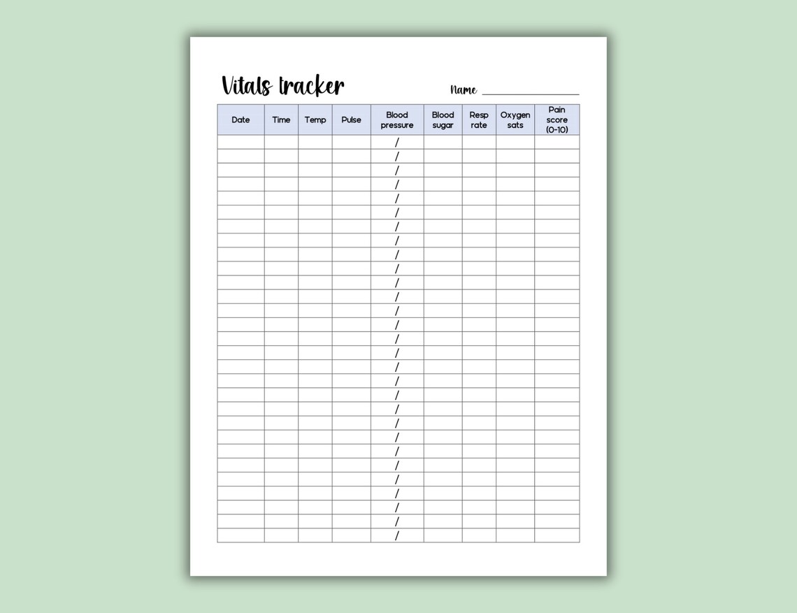Printable Vital Sign Chart, Vital Sign Log, Caregiver Tracker, Intake ...