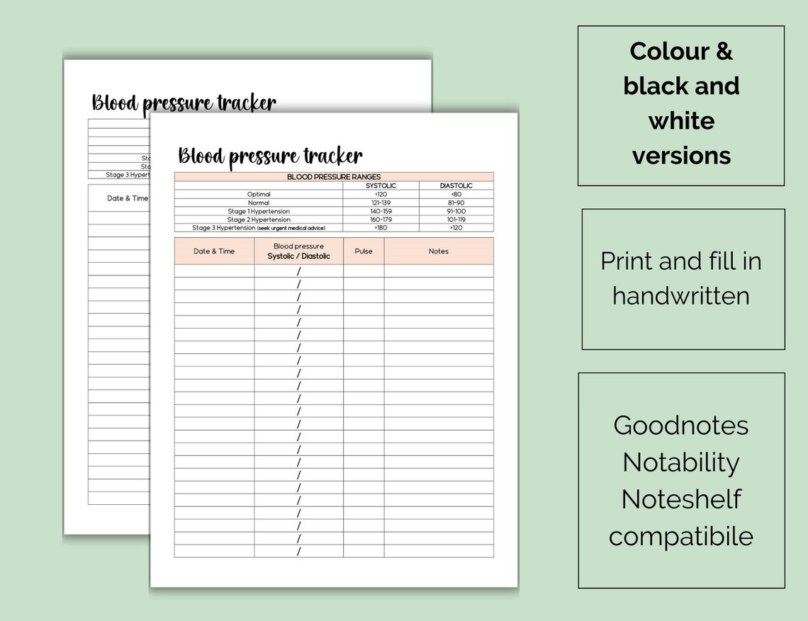 Blood Pressure Log, Hypertension Tracker, Blood Pressure Chart, Health ...