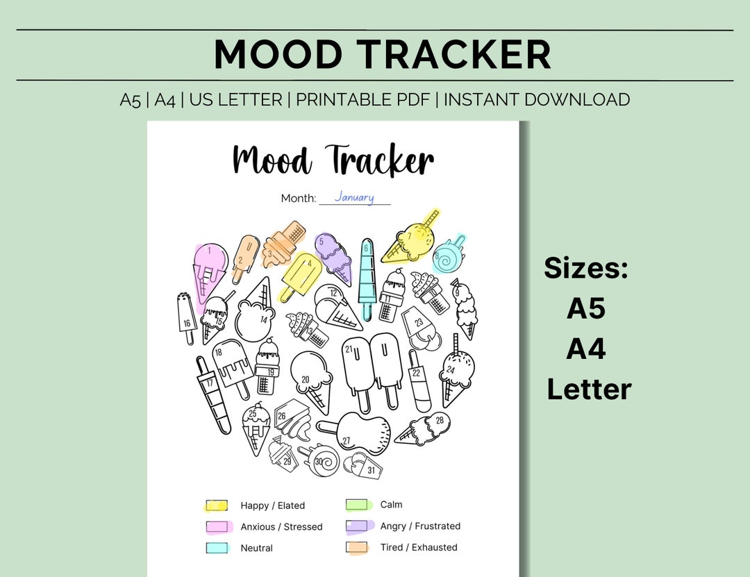 Mood Tracker Ice Cream, Monthly Mood Log, Daily Emotion Tracker, Daily ...