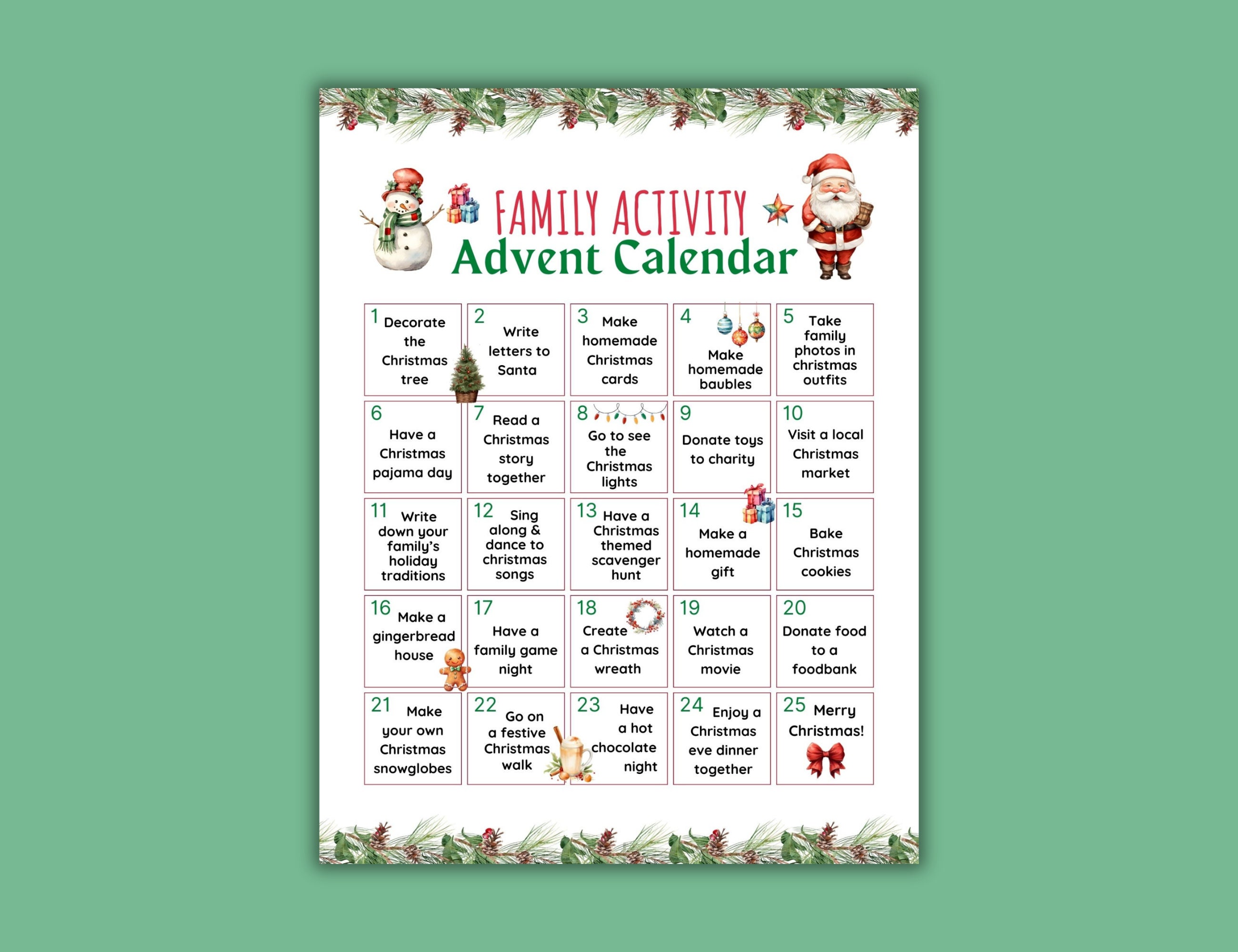 Printable Family Activity Advent Calendar, Christmas Countdown, Advent ...