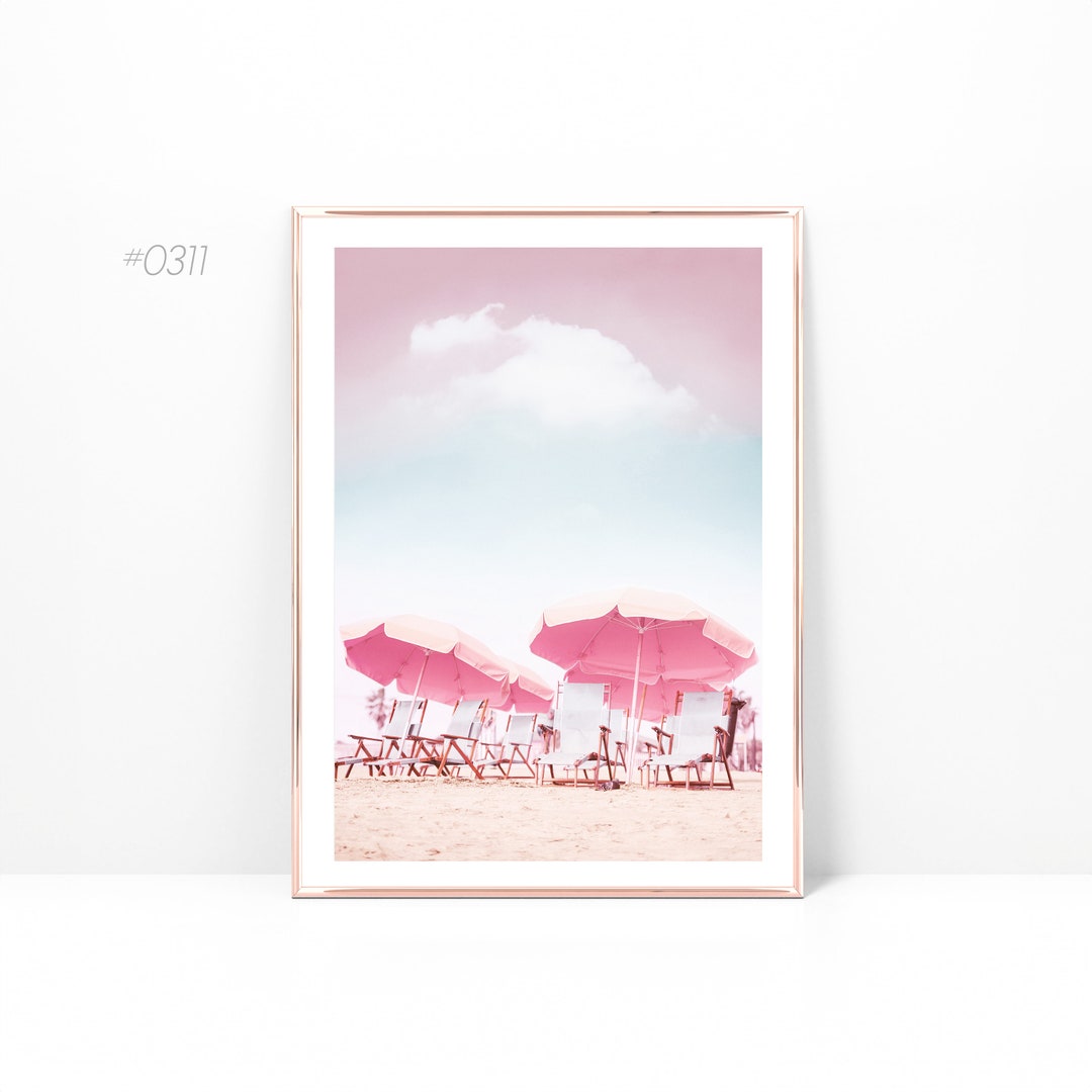 Printable Pink Beach Umbrellas Photo, Pink and Blue Beach Print, Summer ...