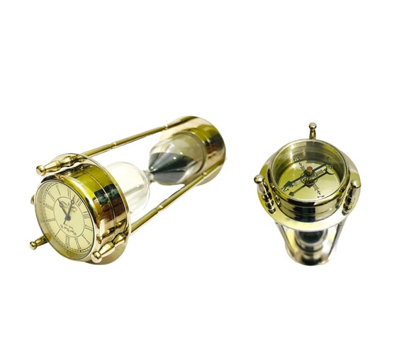 Home Décor Clocks Home & Living Marine Antique Brass Compass Hourglass ...