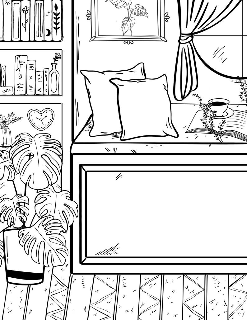 Book Lover Coloring Page | Cozy Reading Nook Printable PDF | Adult ...