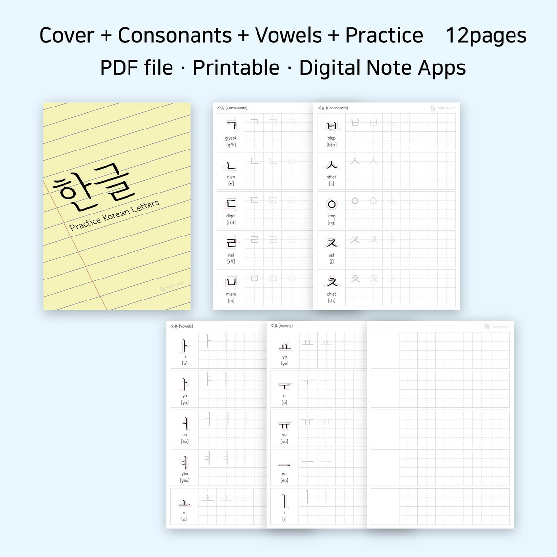 Learning Korean Study Practice Hangul Sheets Workbook Printable ...