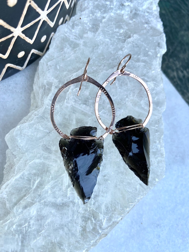 Obsidian Arrowhead Hoops 14k Gold Fill Sterling Silver - Etsy