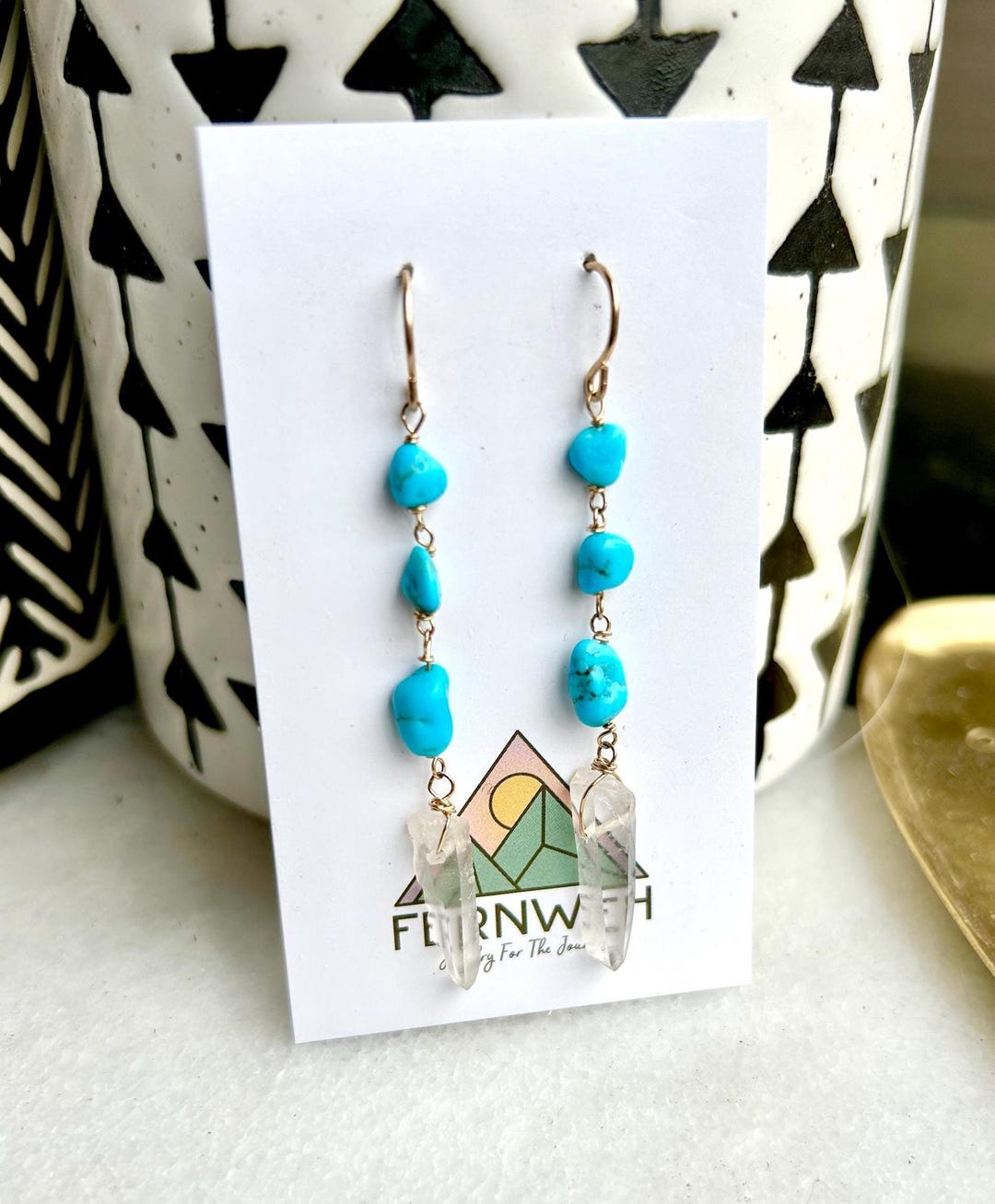 Turquoise and Quartz Earrings, Kingman Turquoise, Quartz Crystal, 14k ...