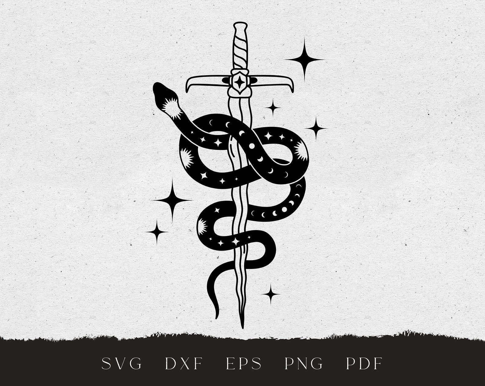 Celestial Moon Snake Dagger Svg, Mystical Snake Tattoo Design Clipart ...