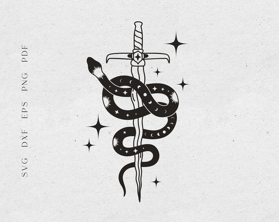 Celestial Moon Snake Dagger Svg Mystical Snake Tattoo Design - Etsy