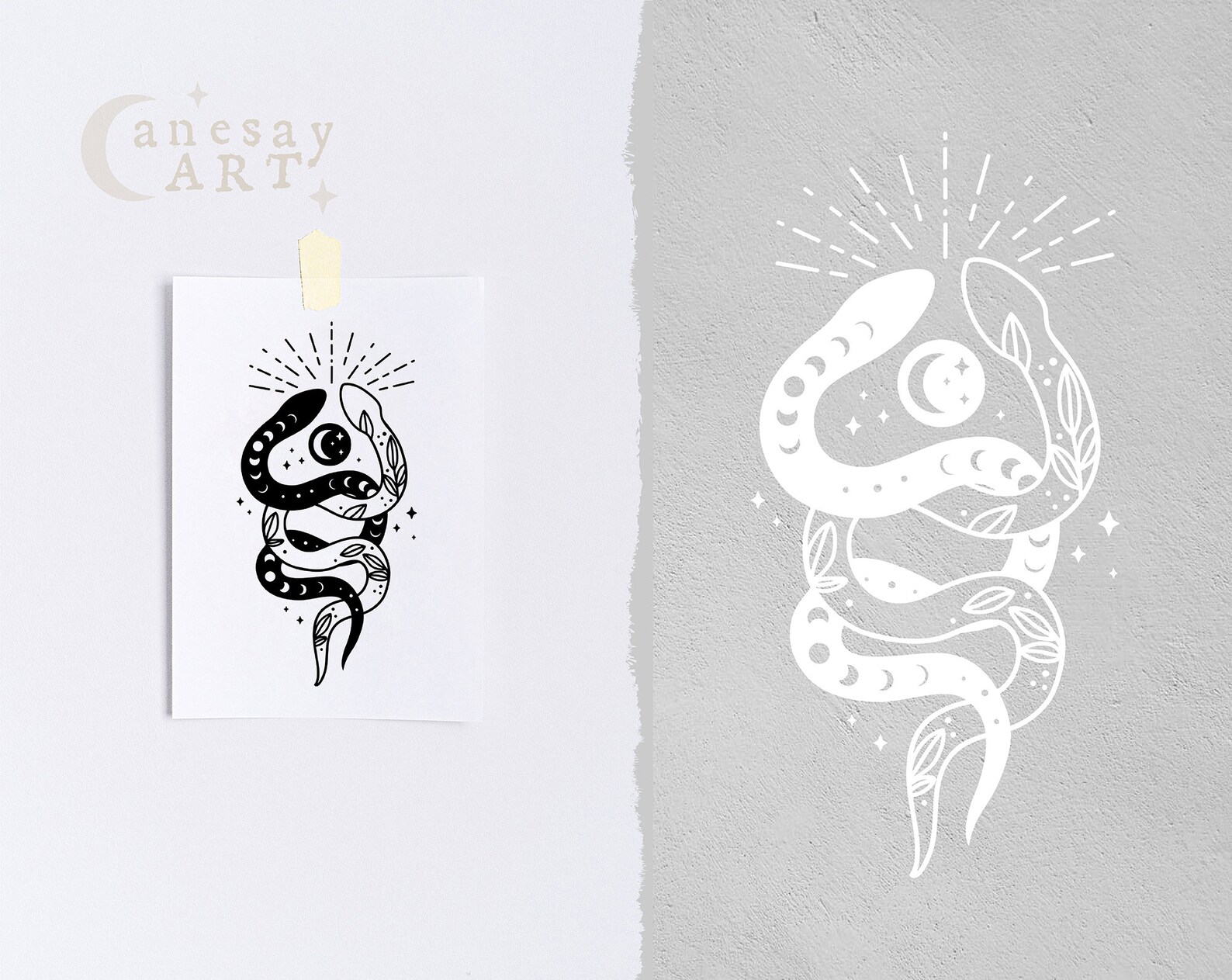 Celestial Snake SVG, Floral Snake Tattoo Svg, Mystical Moon Phases ...