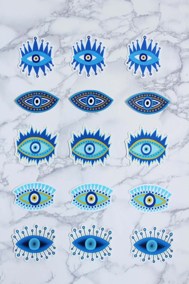 Blue & Yellow Evil Eye nazar Vinyl Waterproof Sticker, Water Bottle ...