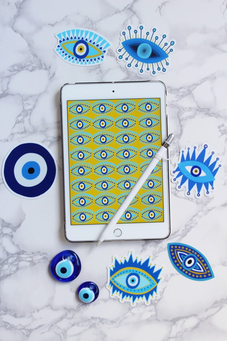 Blue & Yellow Evil Eye (nazar) Vinyl Waterproof Sticker, Water Bottle ...