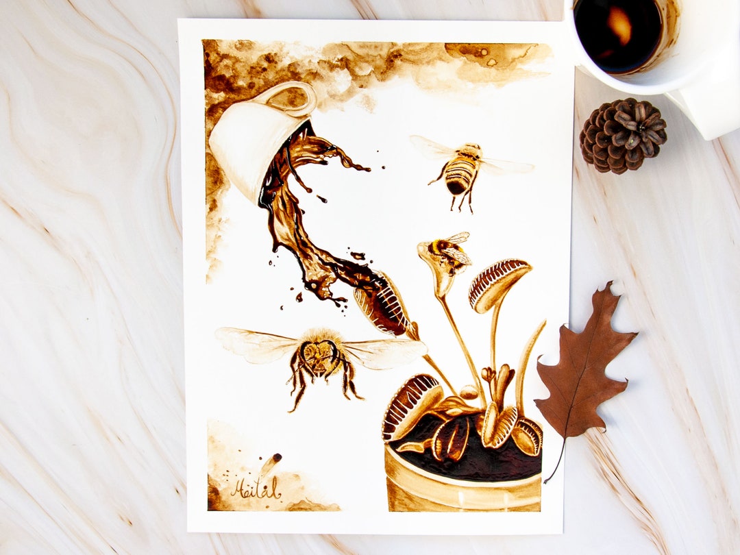Bee & Venus Fly Trap Art Print: Coffee Painting Kitchen Decor - Etsy