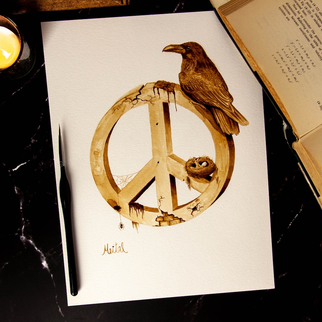Raven Peace Sign Coffee Painting Art Print: Gothic Dorm Decor - Etsy