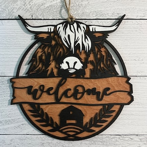 Welcome Highland Cow Sign, Cow Door Hanger, Farmhouse Sign ...