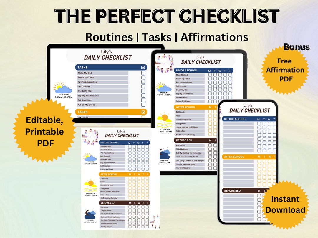 The Perfect Editable Kids Checklists, Daily Checklist, to Do List ...