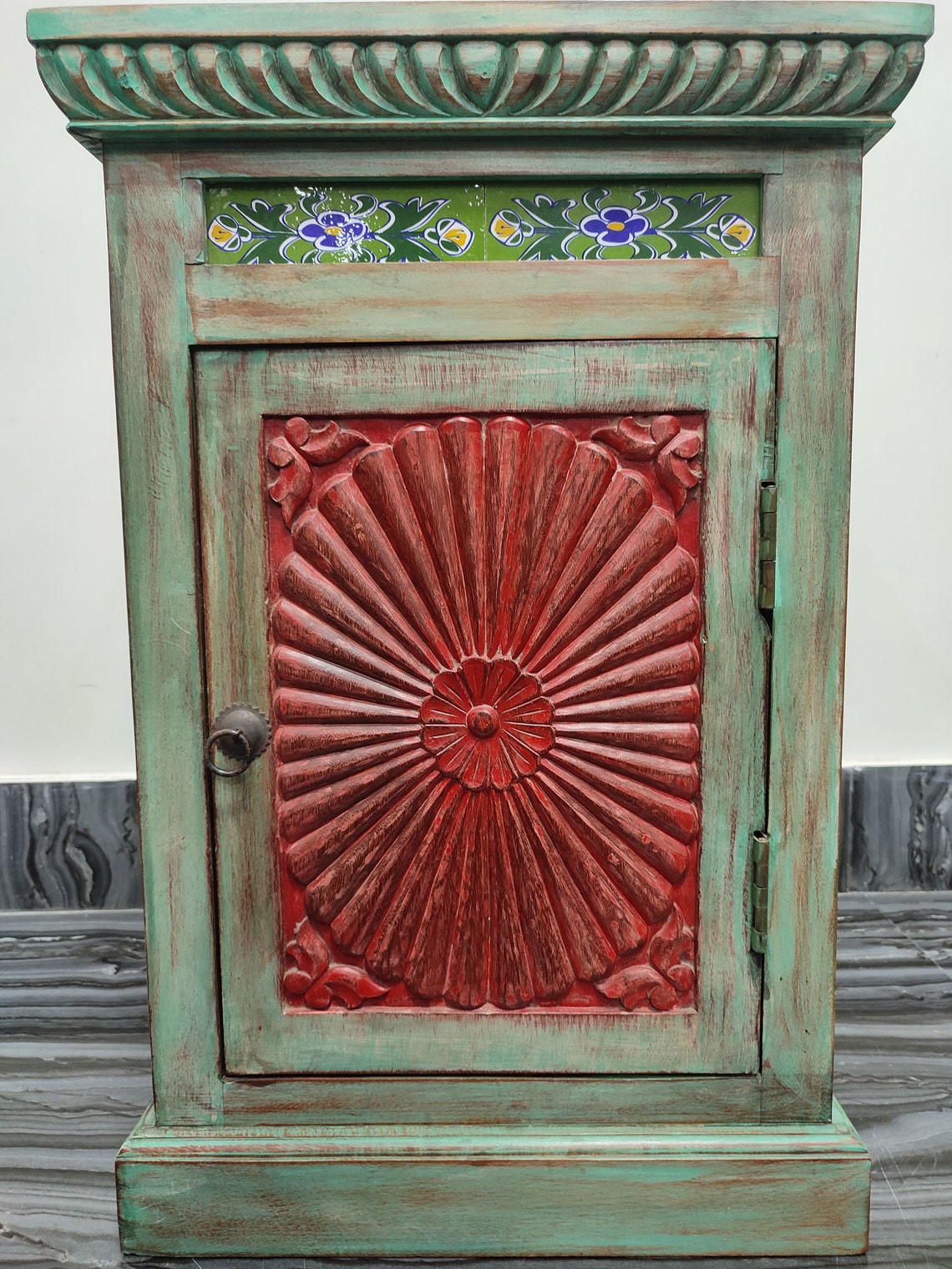 Vintage Wooden Carved Cabinet With Tiles Wooden Unique - Etsy