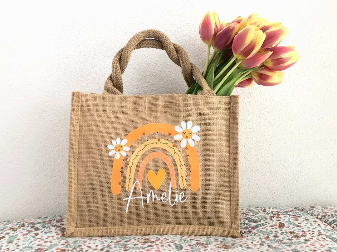 Personalisierte Tasche mit Regenbogen / Jutetasche mit Name / Regenbogen mit Gänseblümchen ...