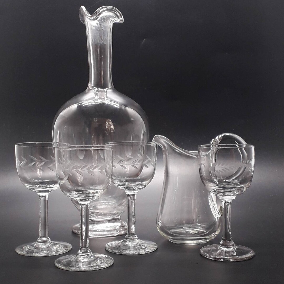 Antique Victorian Glassware Set: Carafe, Milk Jug & Etched Sherry ...