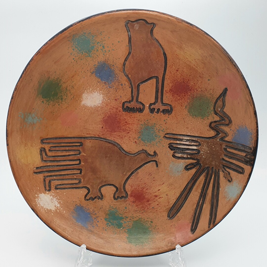 Large Peruvian Hand Painted Plate Bowl Wall Hanger Plaque Ceramic Incan ...