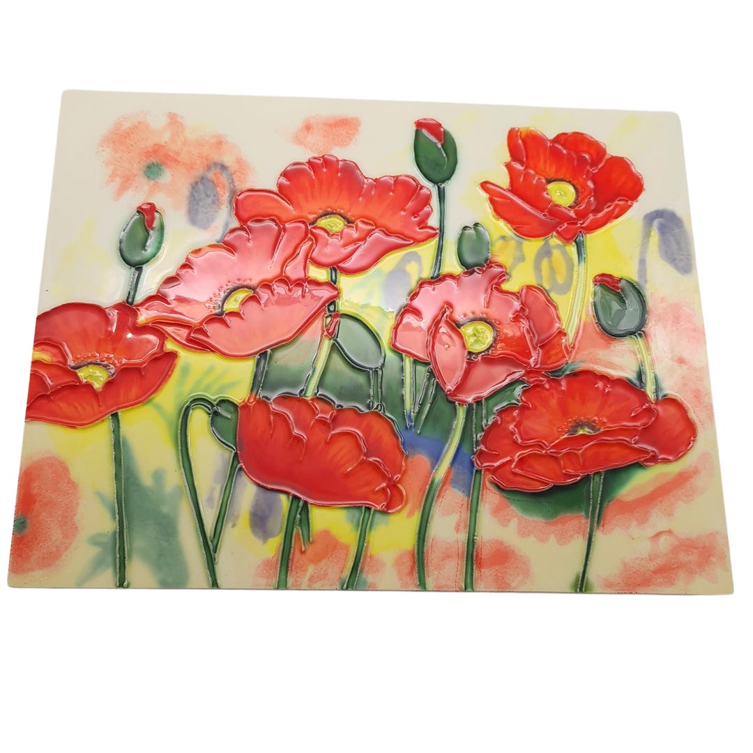 Vintage Tube Lined Ceramic Poppy Tile, Hand Painted Floral Wall Decor ...