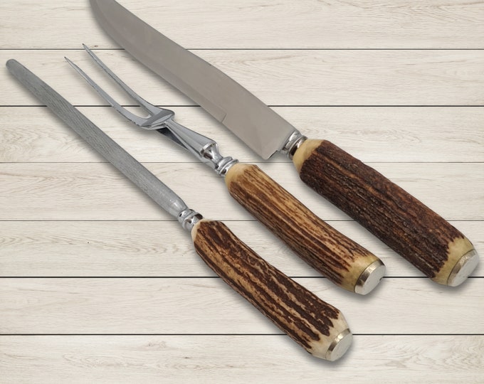 Vintage Stag Horn Handle Carving Set, Meat Carving, Fork, Knife ...