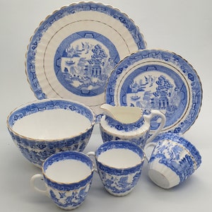 Antique Victorian Blue Willow Part Tea Set Service With Gold Trim Cake ...