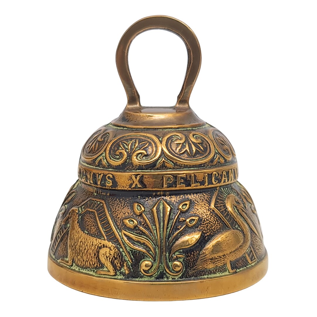 Vintage Brass Bell Made in England, Leo XAQVILA ACNVS PELICANVS Marked ...