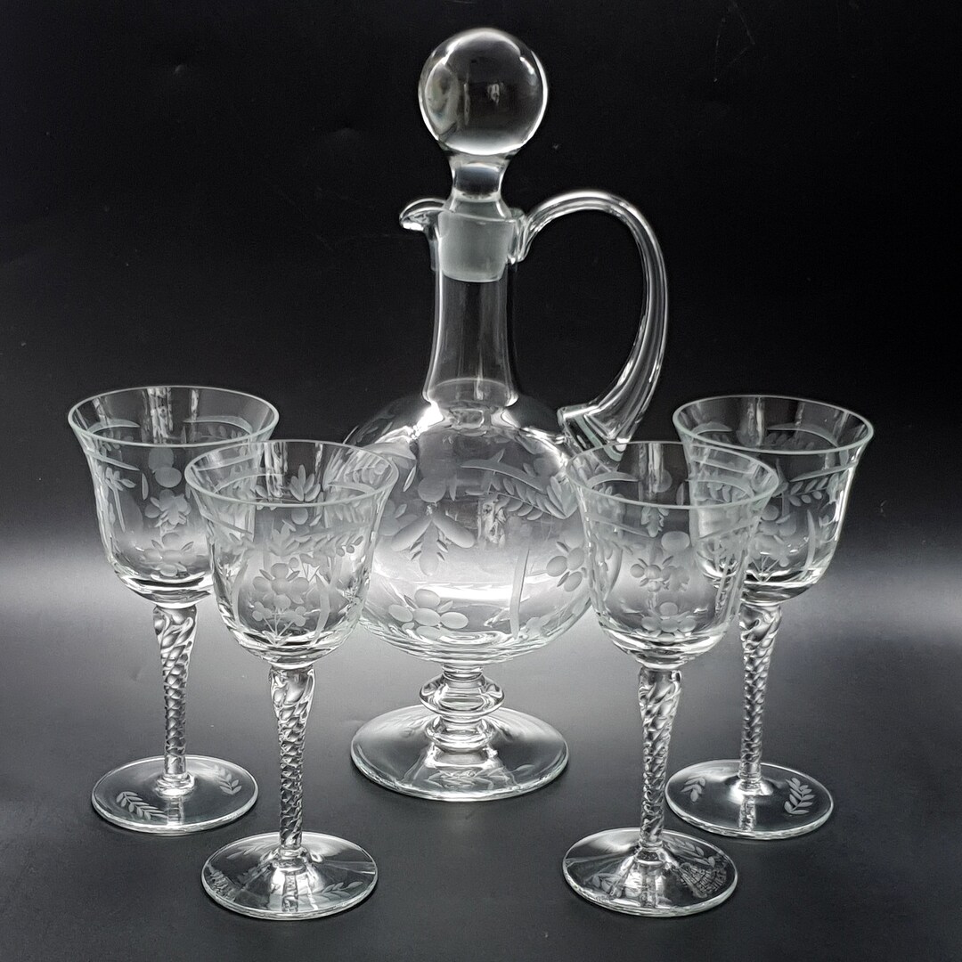 Vintage Etched Glass Decanter With Handle and Four Glasses Set Wine ...