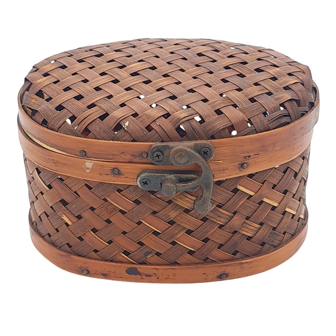 Vintage Woven Bamboo Box, Dark Stained Storage Basket, Lidded Trinket ...