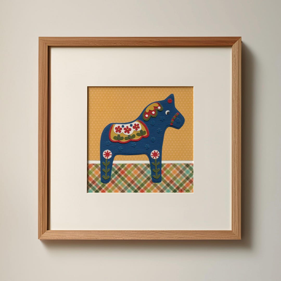 Blue Dala Horse Paper Collage Byt Yellow Dog Collage | Fine Art Print ...