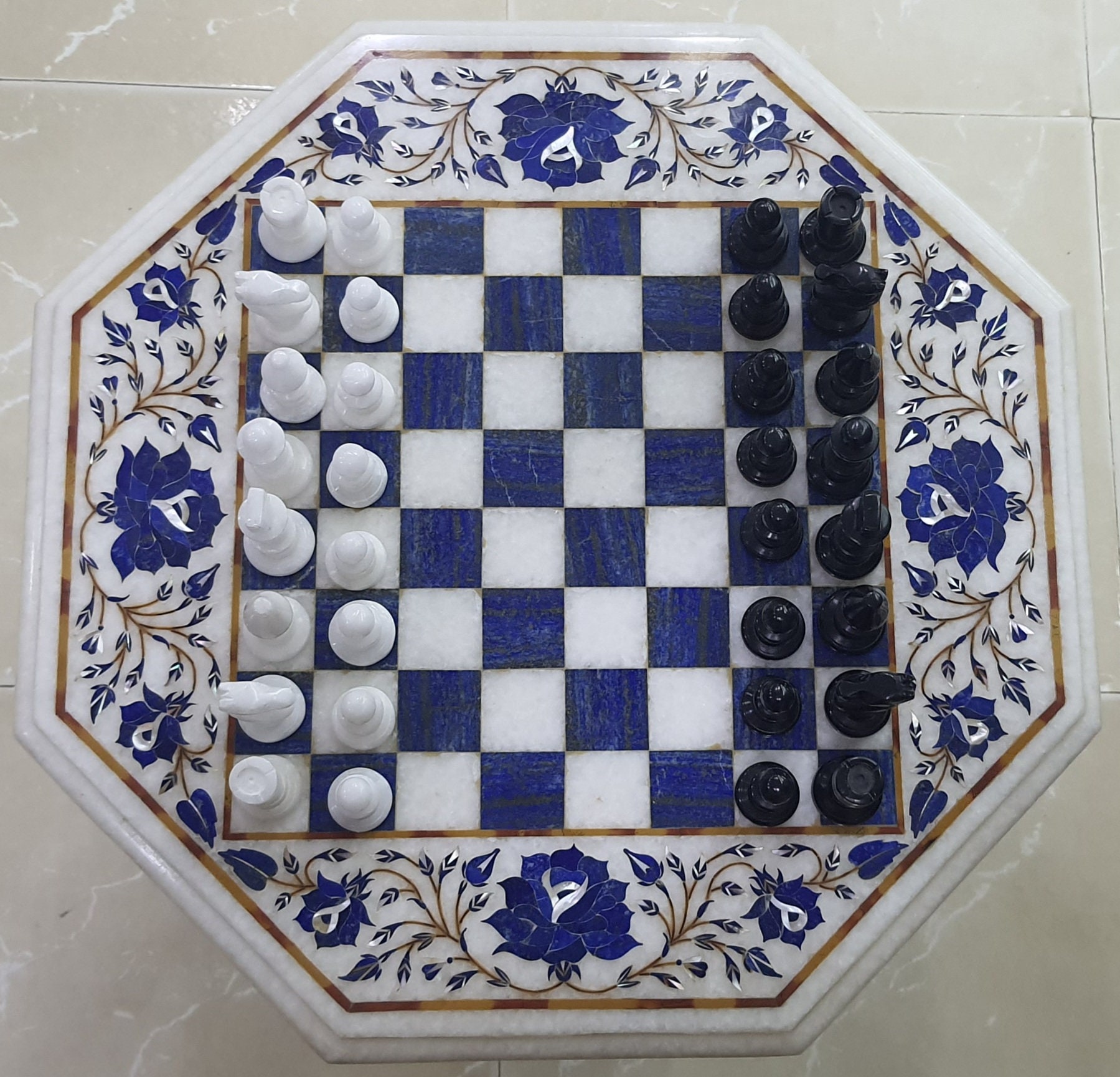 18 Inches White Marble Stone Inlay Chess Board With Chess - Etsy UK