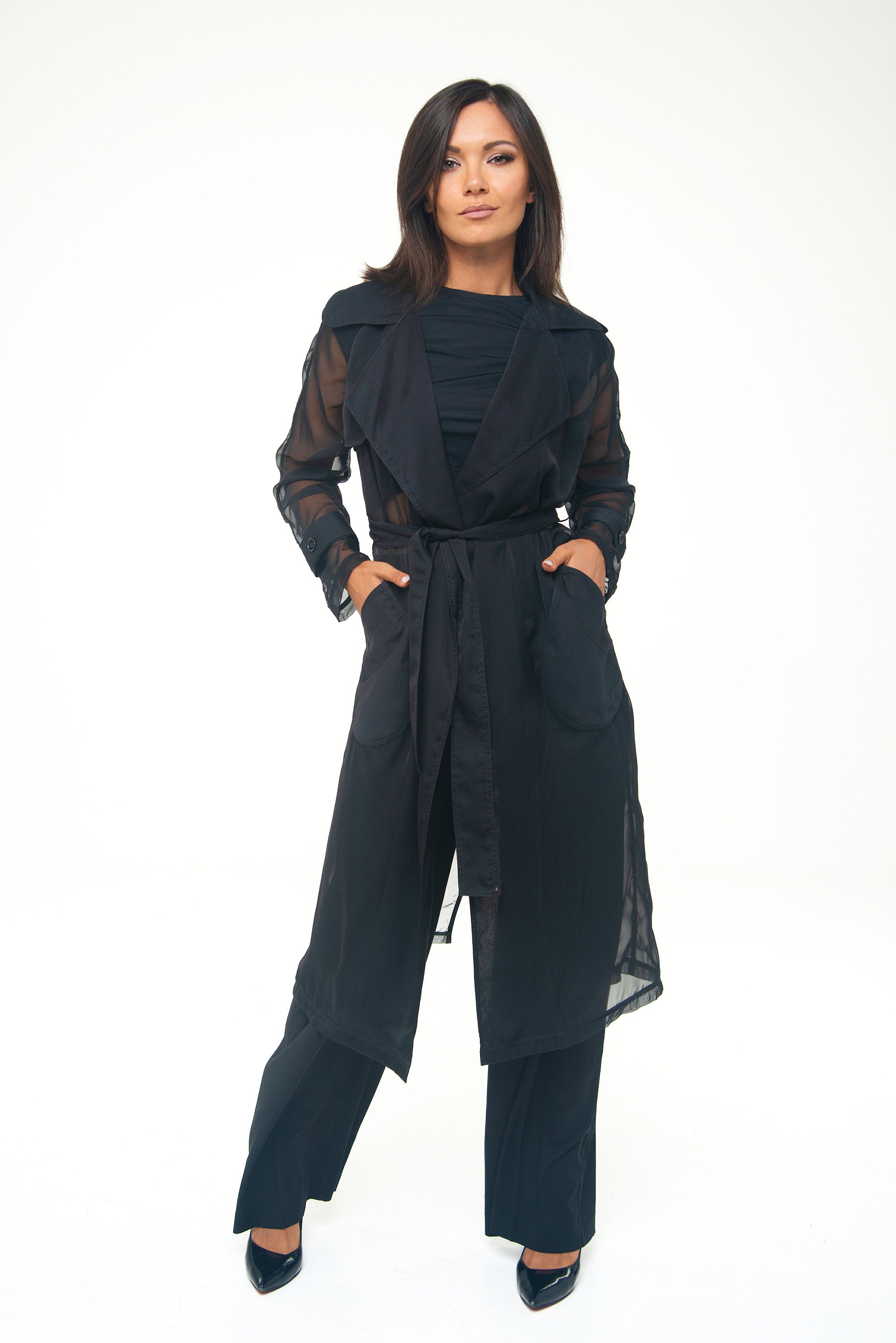 Classic Chiffon Trench Coat. Wedding Clothing. Double- Breasted Chiffon ...