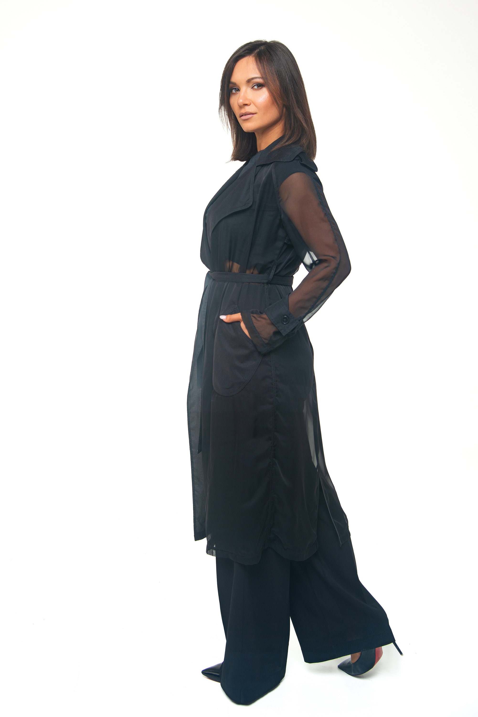 Classic Chiffon Trench Coat. Wedding Clothing. Double- Breasted Chiffon ...