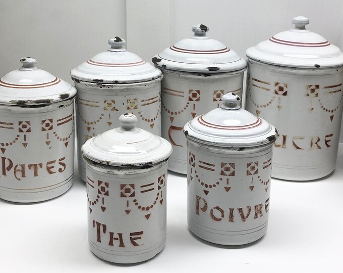 Enamel French Vintage Kitchen Canister Set, Pretty Metal French Storage ...