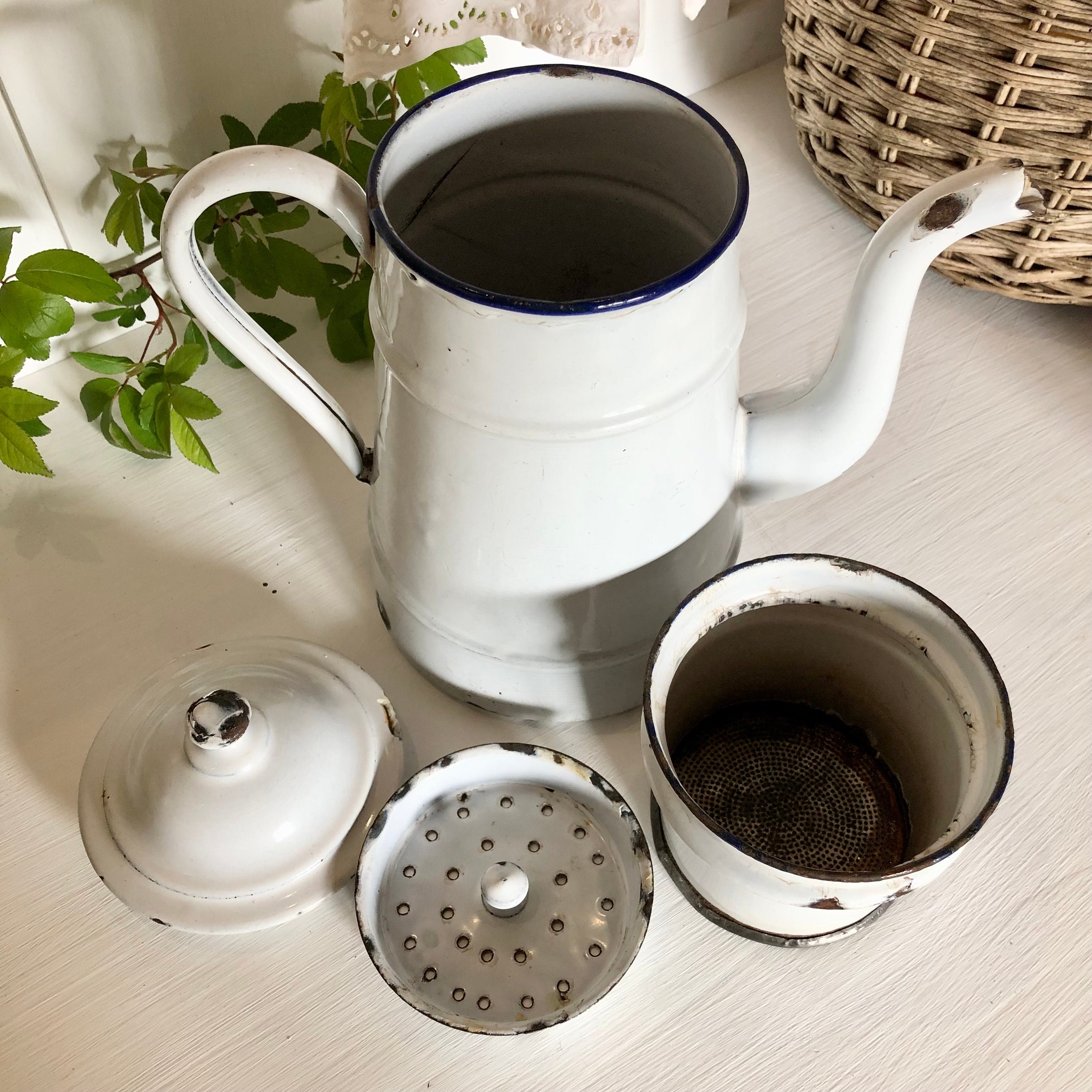Vintage White Enamel Coffee Pot, Pretty French Coffee Pot, White Enamel ...