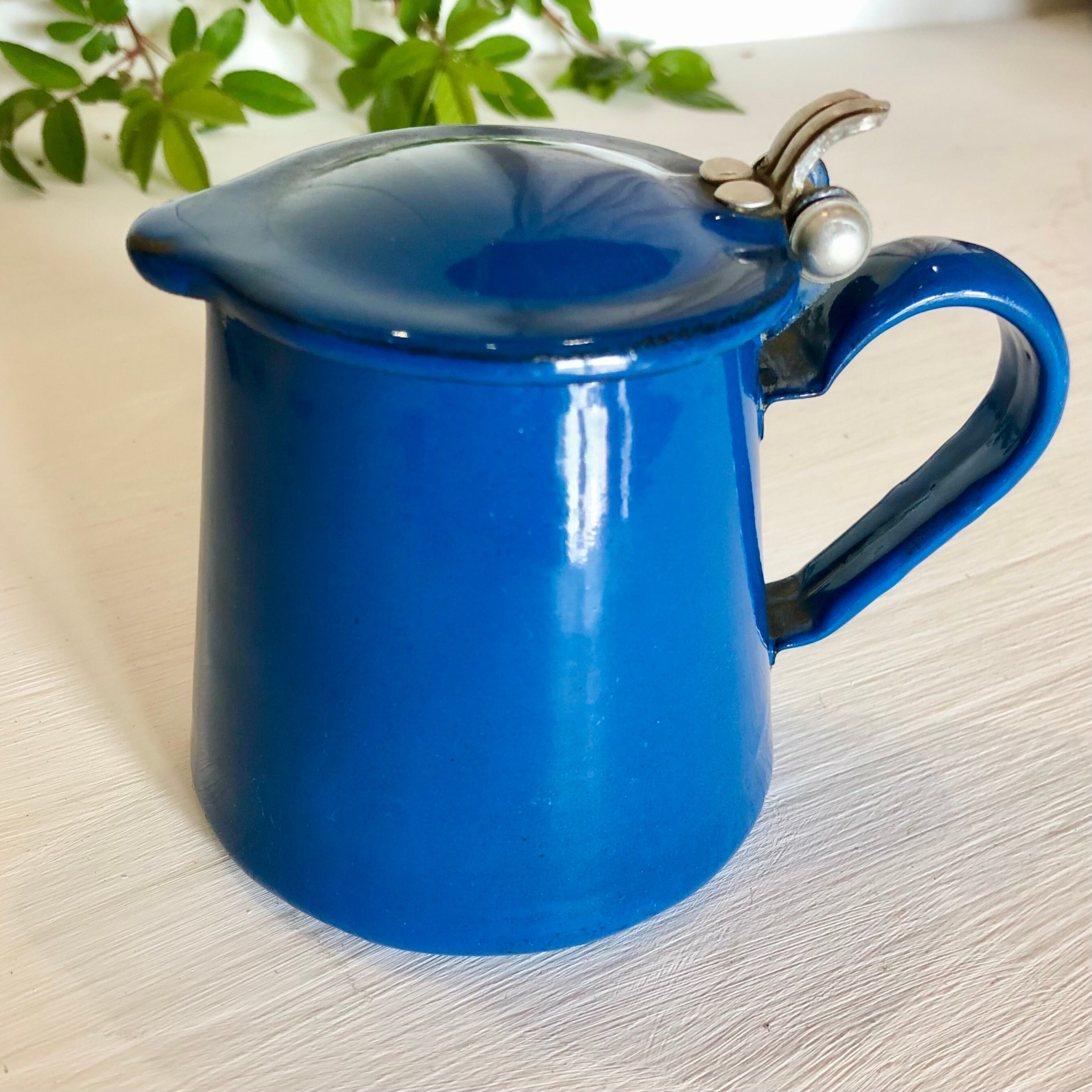 Vintage Blue Enamel Milk Pot, French Enamelware Hinged Lidded Milk Jug ...