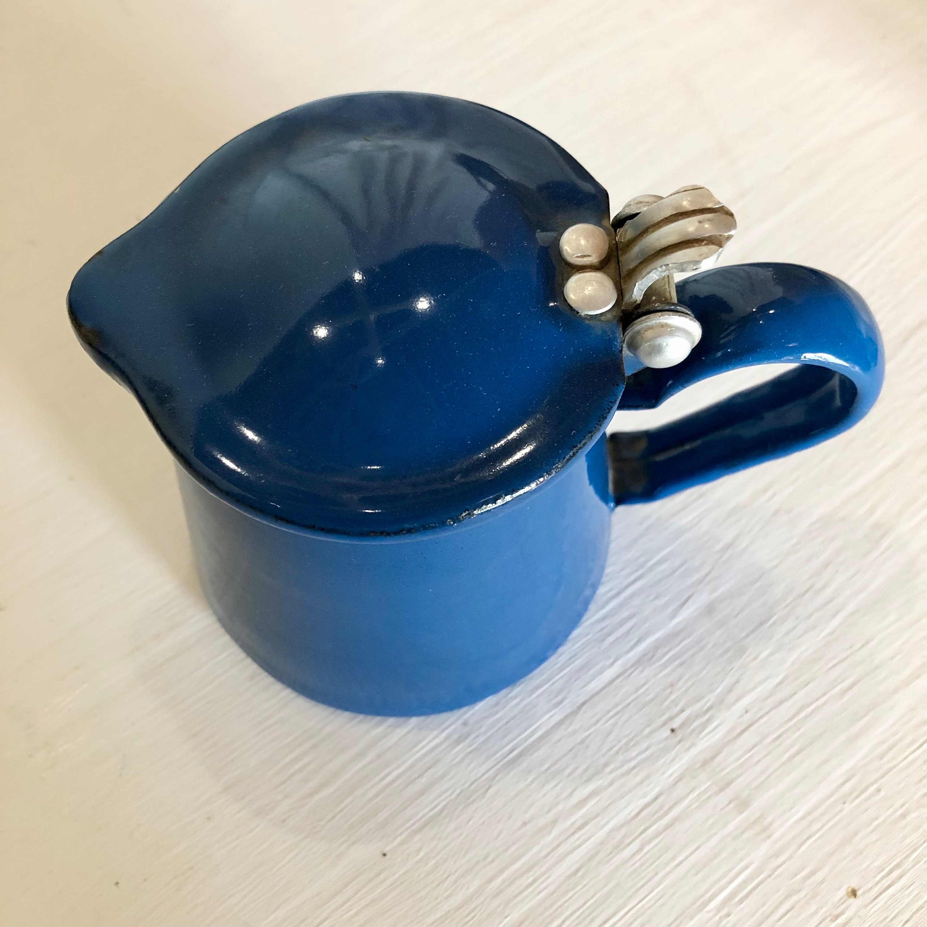 Vintage Blue Enamel Milk Pot, French Enamelware Hinged Lidded Milk Jug ...