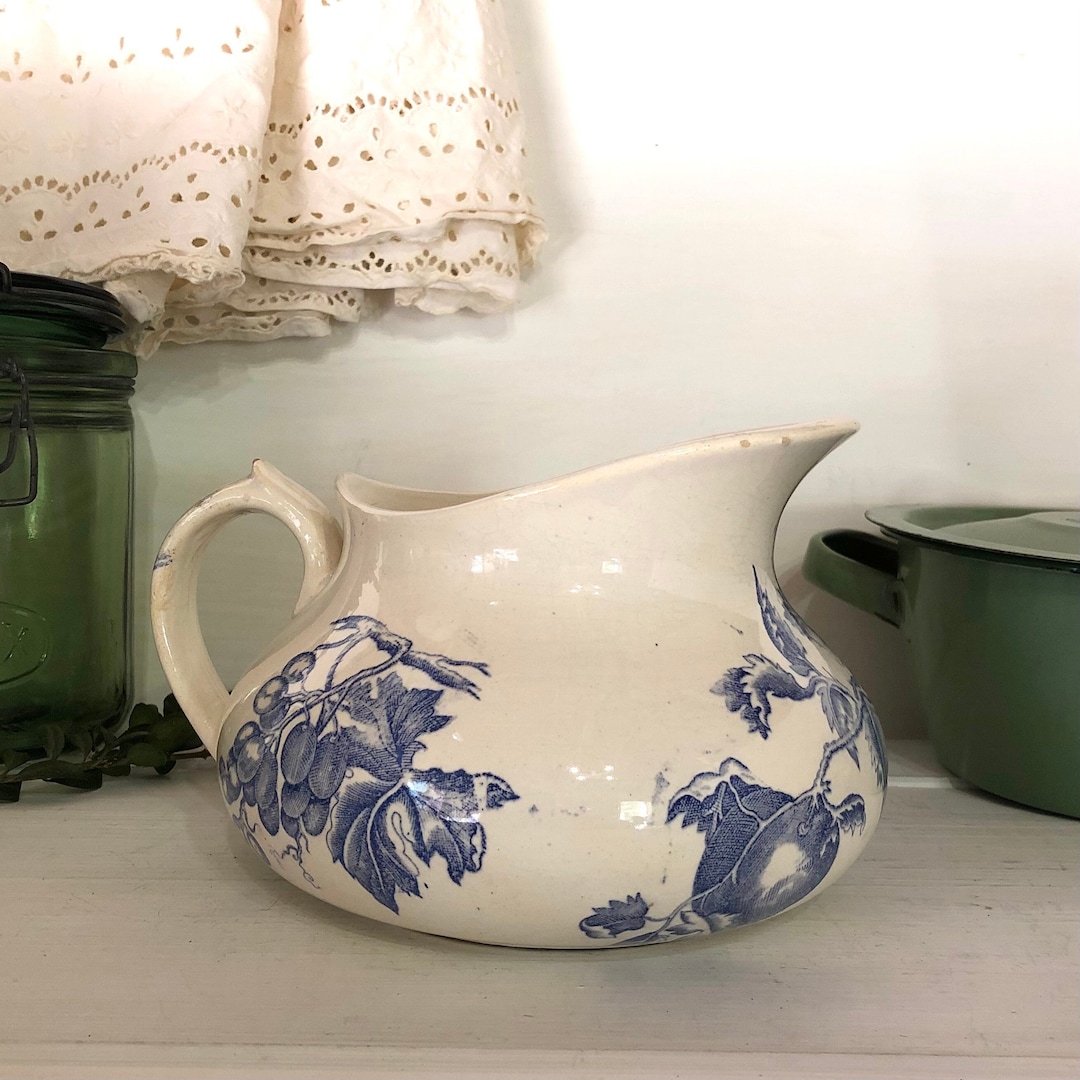 Ironstone Pitcher, Vintage French Earthenware Jug, Floral Blue and ...