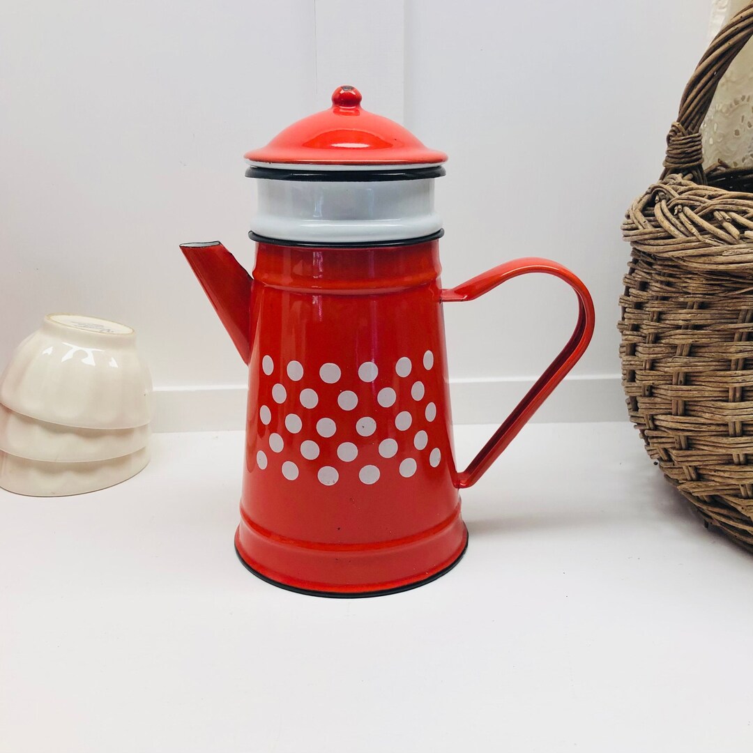 Vintage French Enamelware Coffee Pot: Red Polka Dot Kitchen Decor - Etsy