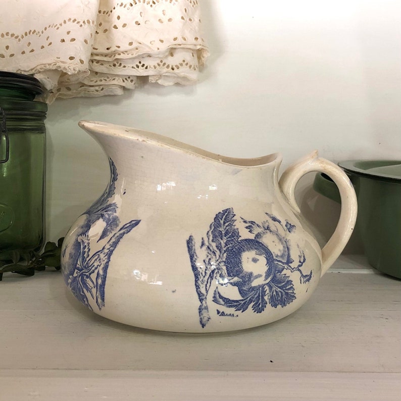Ironstone Pitcher, Vintage French Earthenware Jug, Floral Blue and ...