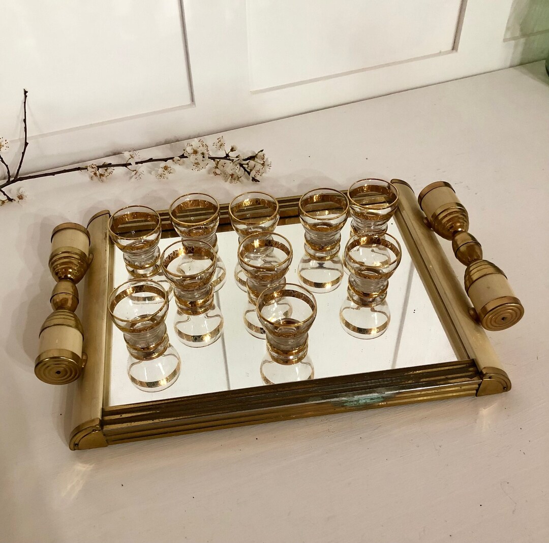 Art Deco Mirrored Tray and Vintage Glasses, Vintage Mirror Tray ...