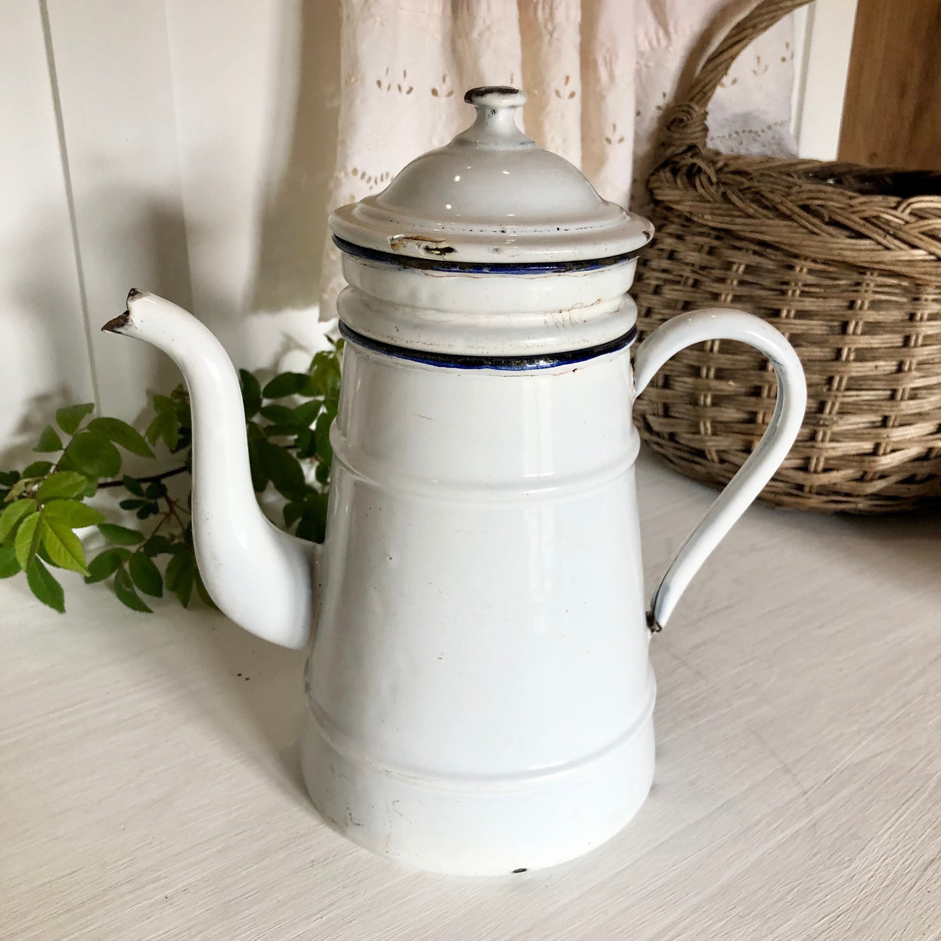 Vintage White Enamel Coffee Pot, Pretty French Coffee Pot, White Enamel ...