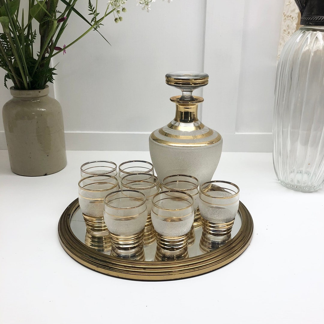Circular Art Deco Mirror Tray Decanter and Glasses, French Vintage ...